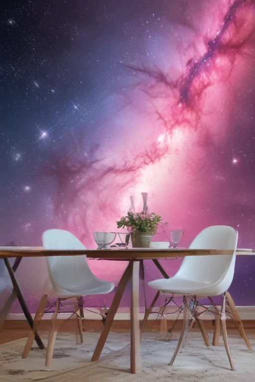Stunning Dining Room Decor Featuring a Cosmic Galaxy Mural Background