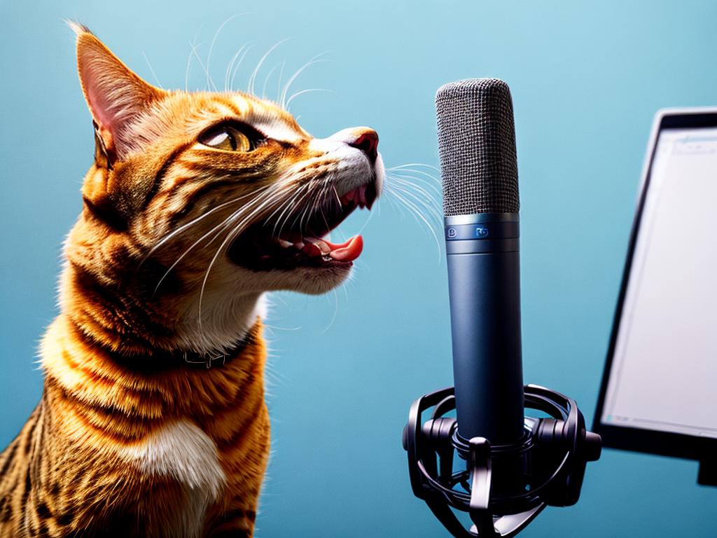 cat singing into a microphone in a recording studio