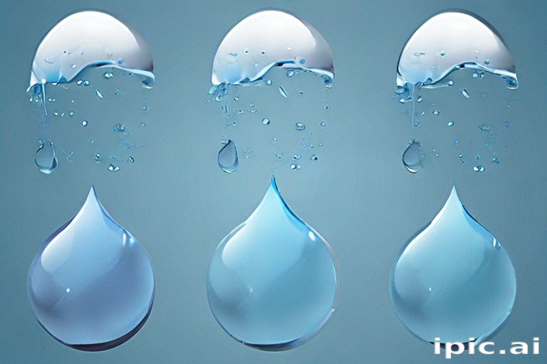 Various Forms and Sizes of Water Droplets on a Soft Blue Background