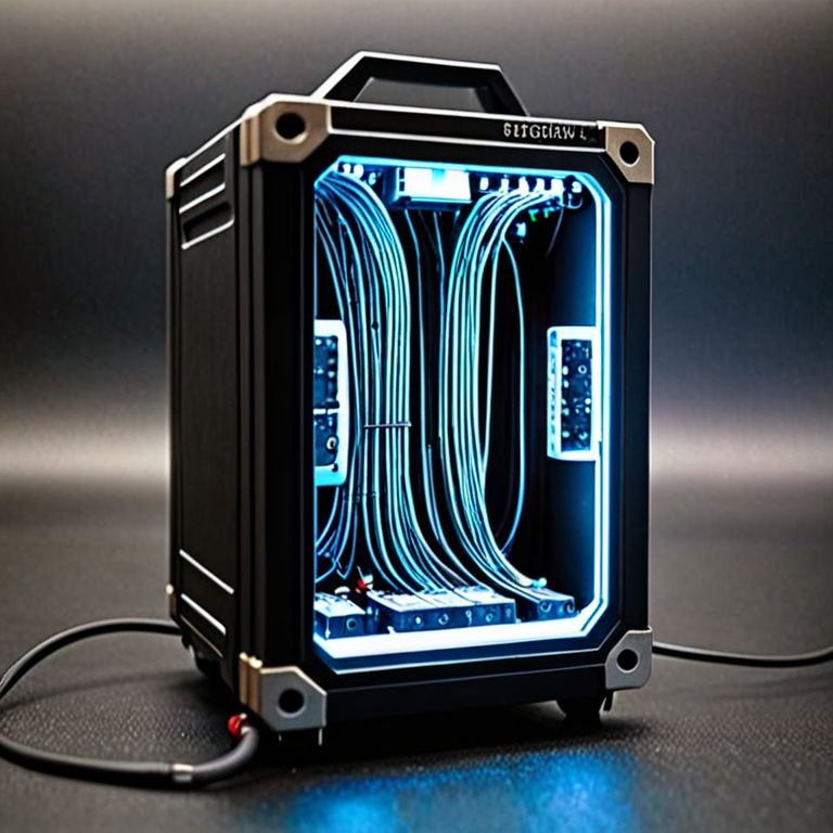 cybernetic black box with fiber optic wiring digging into flesh