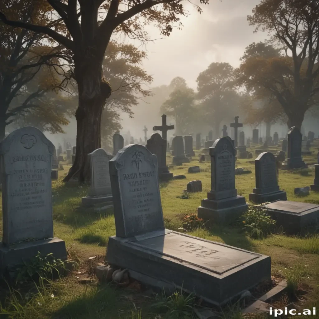 Serene Morning Mist Over a Tranquil Cemetery Filled with Historic Gravestones