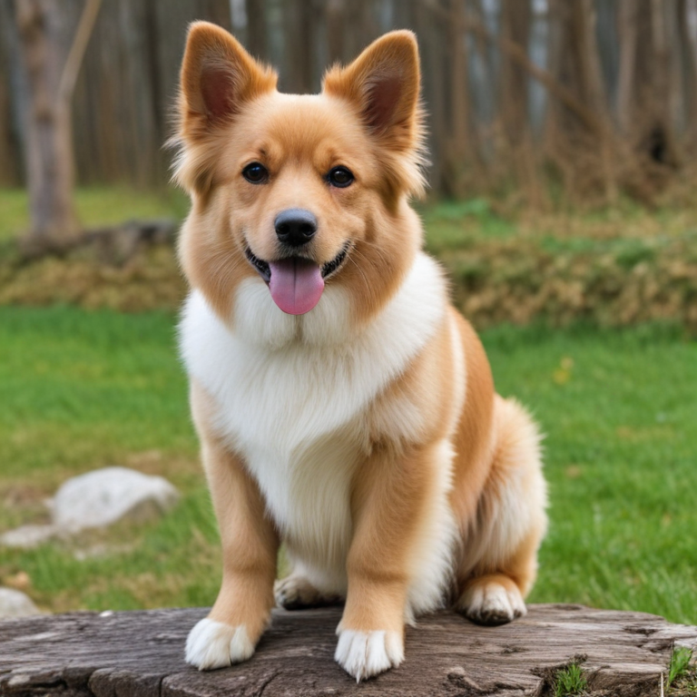 A Happy Dog Sitting on a Log in a Beautiful Forest Setting.