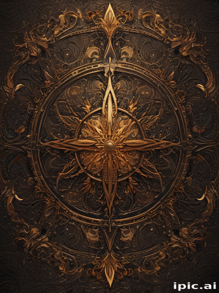 Intricate Golden Compass Rose Design with Ornate Patterns and Textures