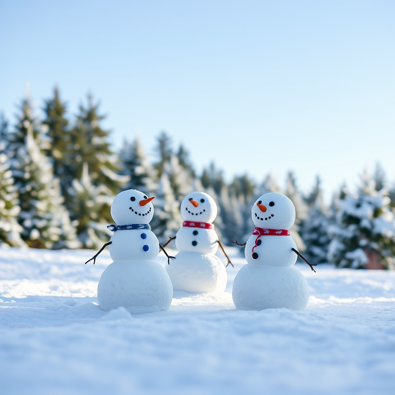 Create a winter landscape featuring three snowmen in a snowy field ...
