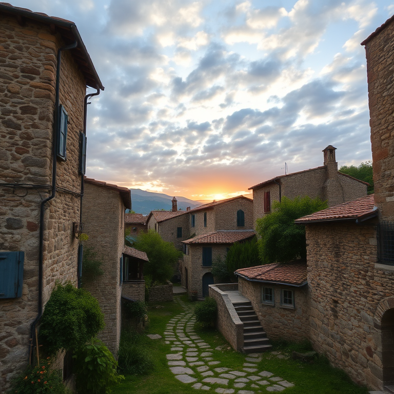 Charming Stone Village at Sunset with Cobblestone Pathway and Scenic Sky