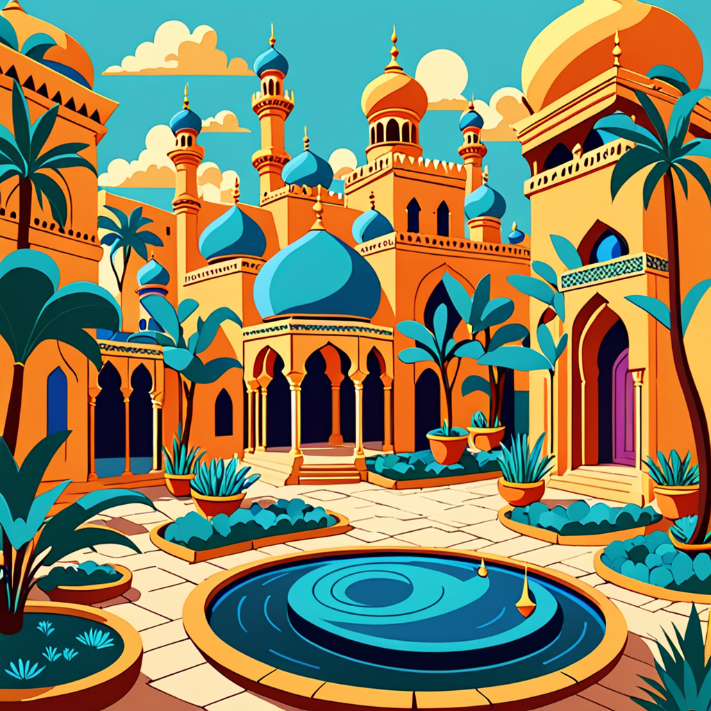 Garden of the Sultan of Agrabah from the cartoon Aladdin. Flat colors.