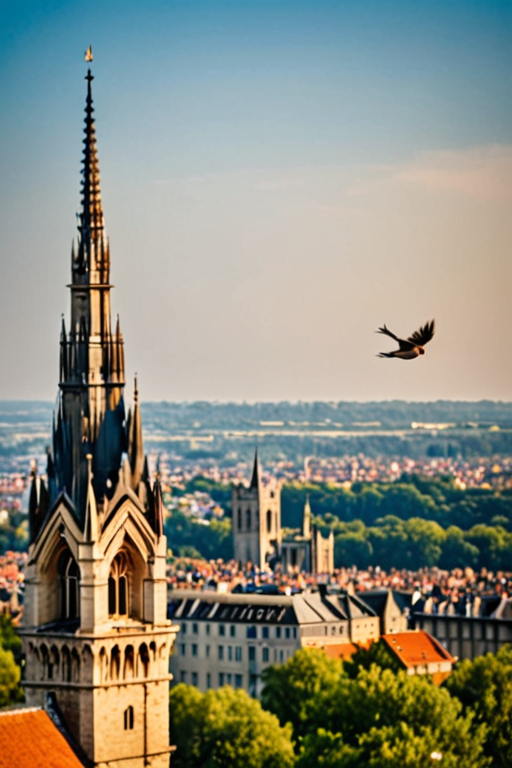 Sparrow flying over two towers