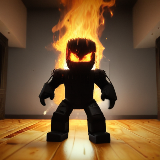 Roblox styled character scared in a room of fire trying to escape it