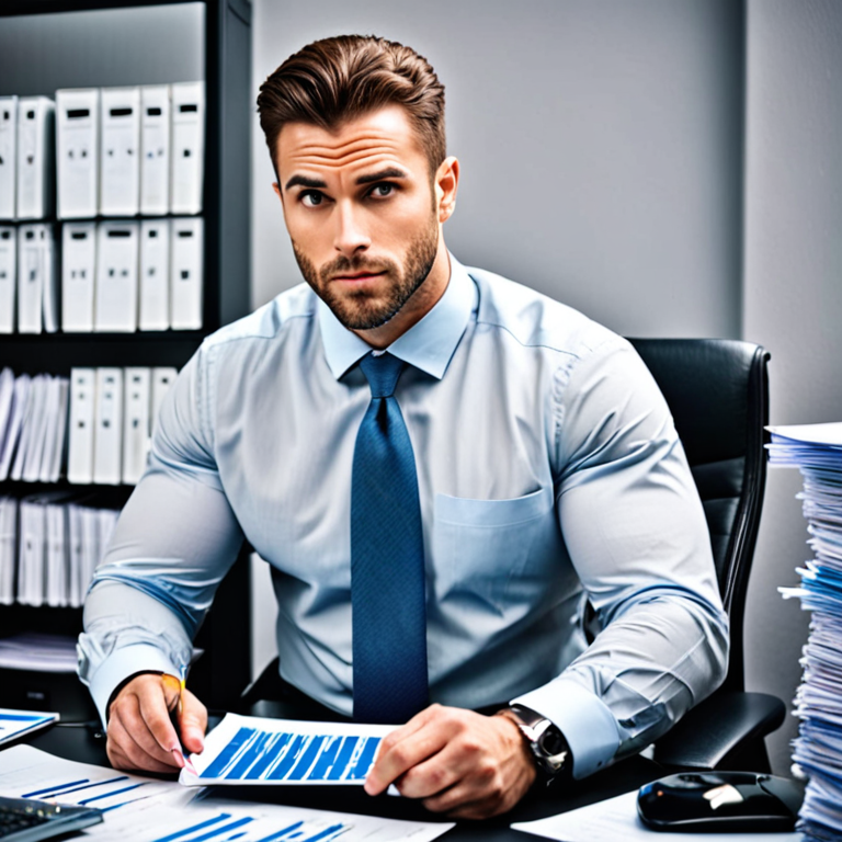 very muscular and attractive accountant looking at spreadsheets