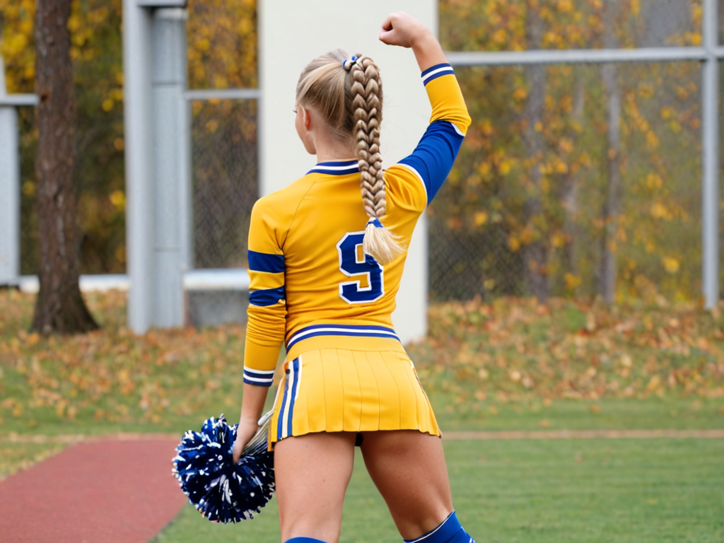cheerleader, yellow uniform, knee socks, blonde braided hair, bending ...