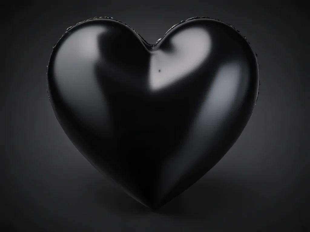 A Glossy Black Heart Sculpture Against a Dark Background with Elegance.