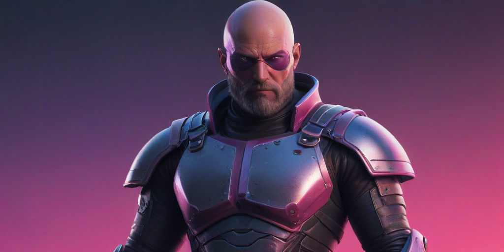 A synthwave knight with a bald head, and beard holding his helmet ...