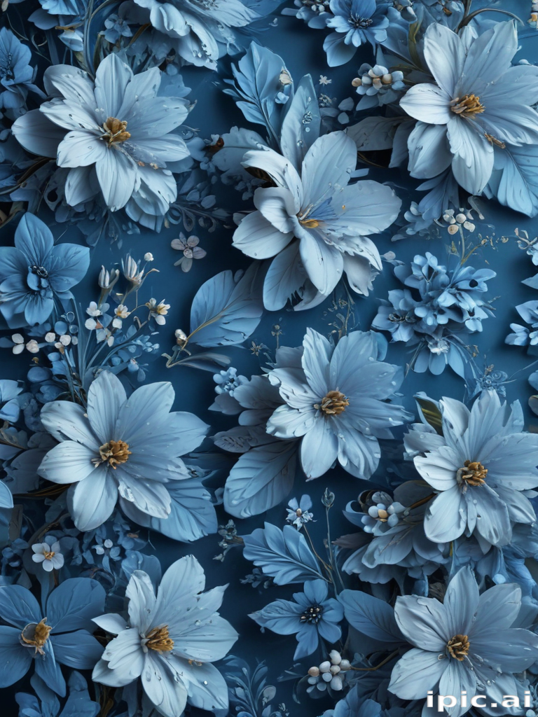 Beautiful Blue Floral Pattern with Delicate Flowers and Lush Leaves