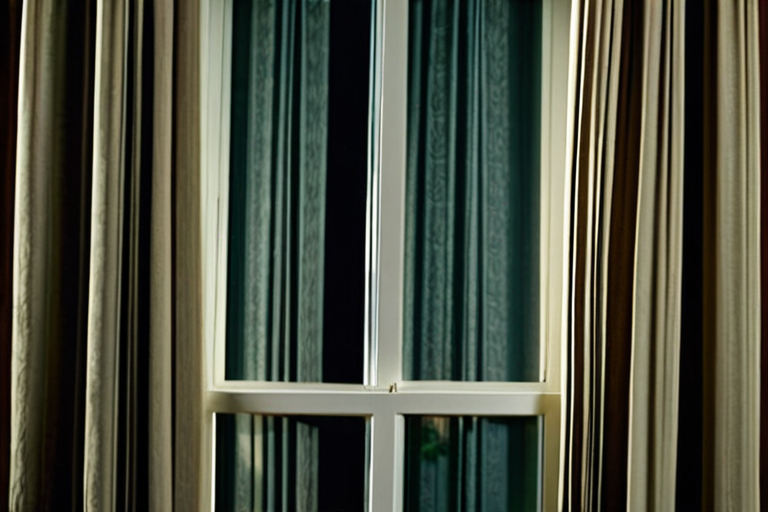 an external straight at camera shot of a residential window, shadowy ...