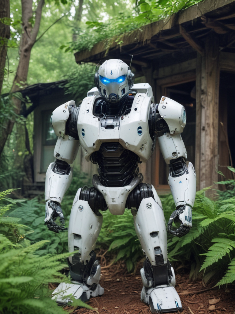 Science fiction future guard robot, with blue eyes, and near a plant ...