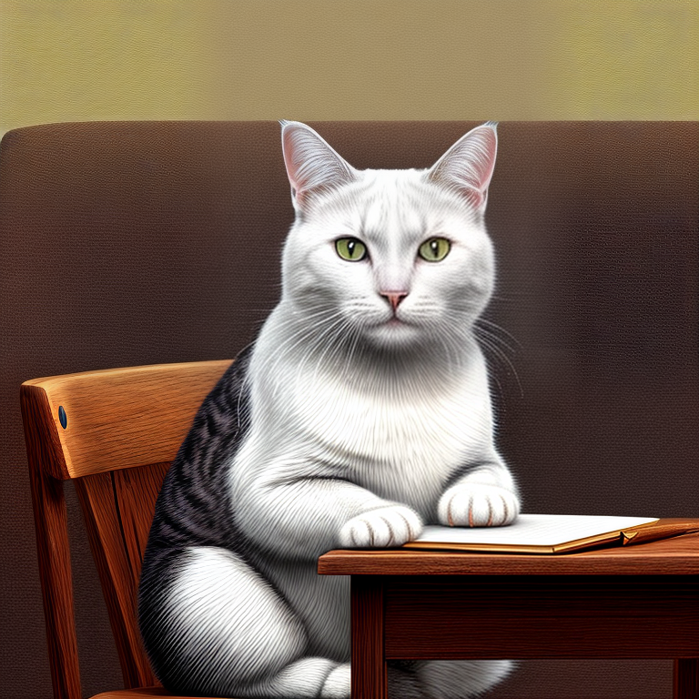a cat writing a novel with a pen on a wooden desk in a white suite ...