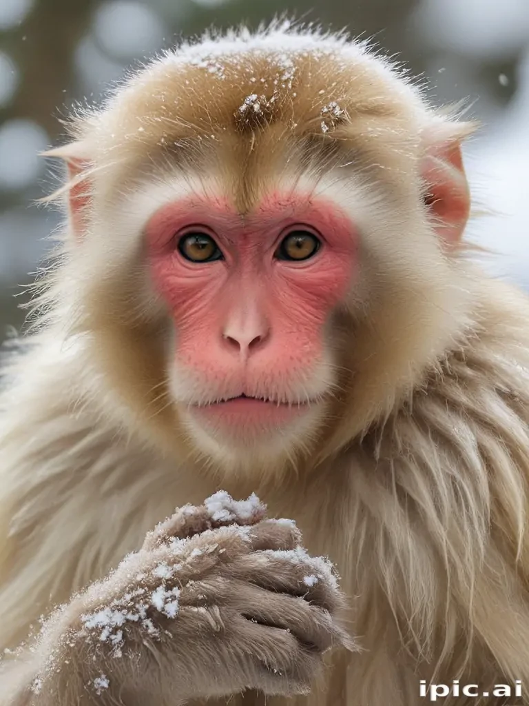 A Close-Up of a Snow-Covered Monkey with Expressive Features and Warm Eyes.