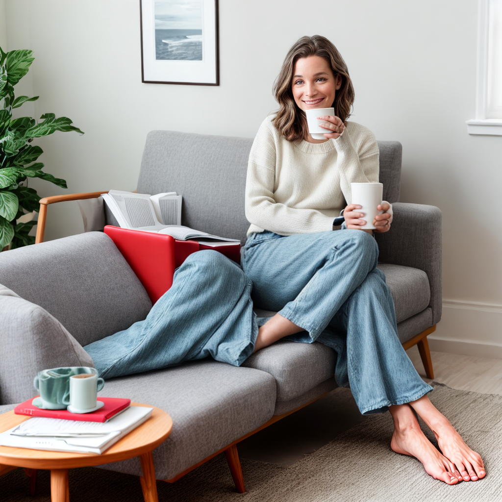 barefoot white woman, thirties or forties, sitting on couch, with ...