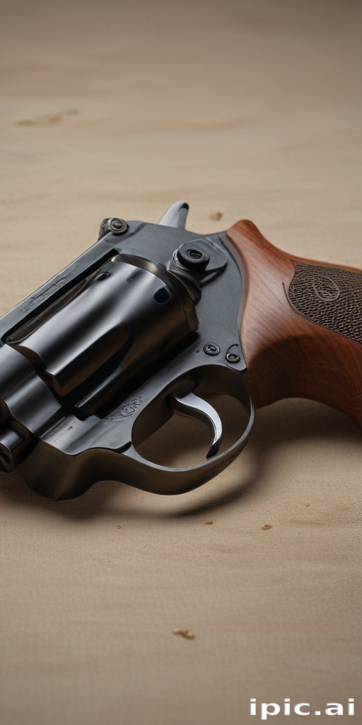 Close-Up of a Stylish Revolver with Wooden Grip on a Table