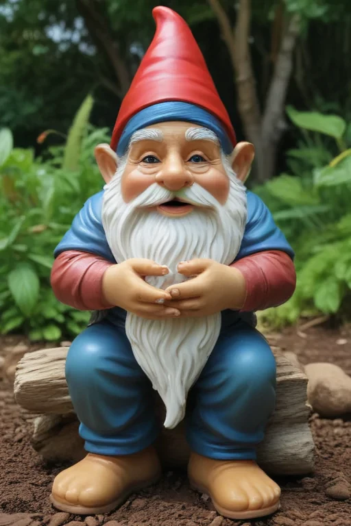 Charming Garden Gnome Sitting Cheerfully on a Log Surrounded by Nature