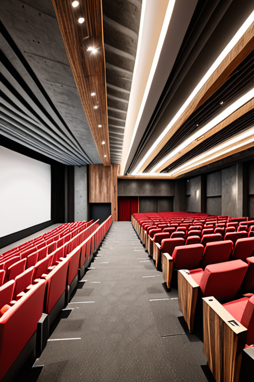 Interior renders of a big theater made with concrete walls and wood ...