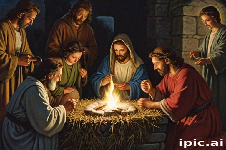 Gathering of Followers Around a Sacred Fire in a Historical Setting