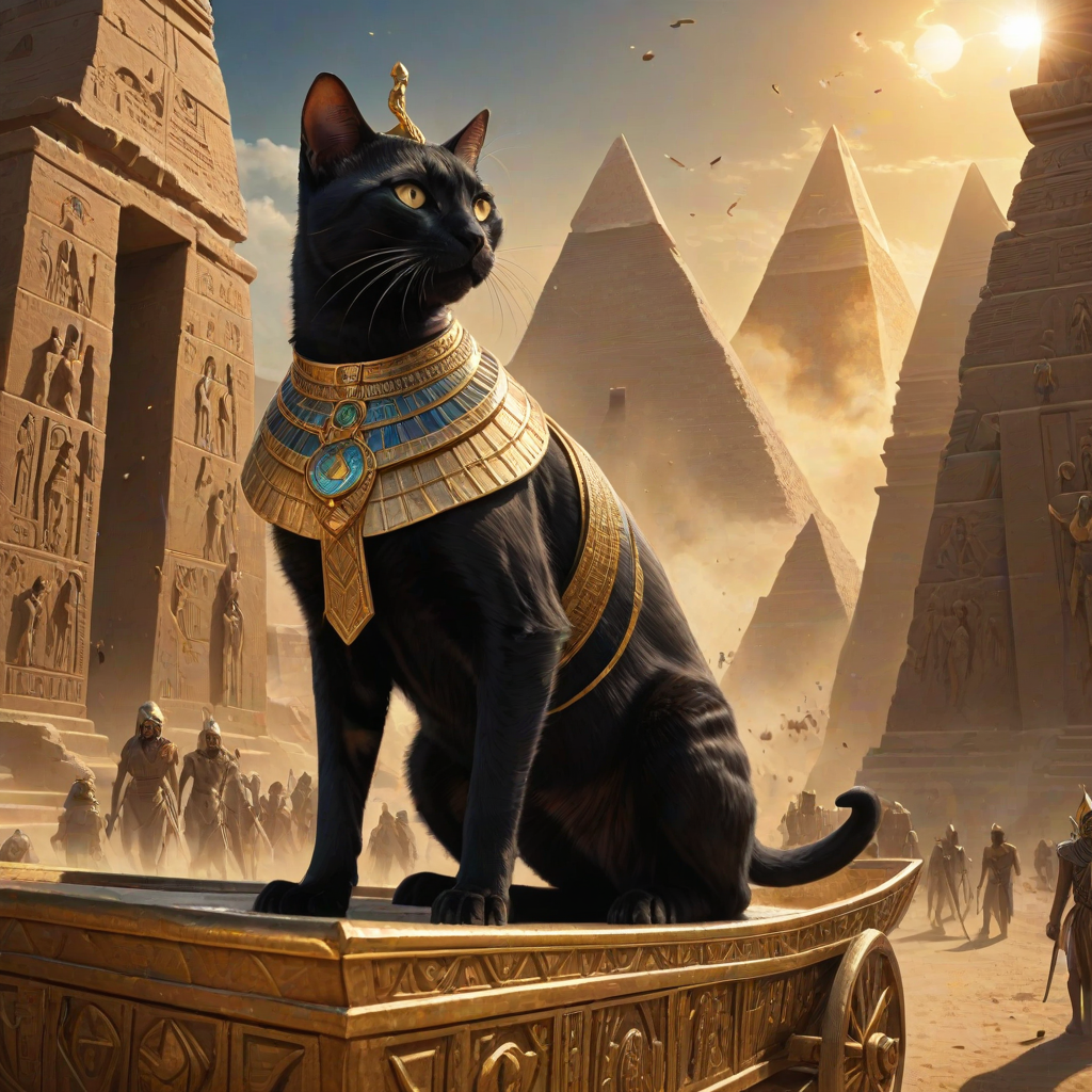 A Majestic Black Cat Adorned in Gold Against Ancient Egyptian Pyramids