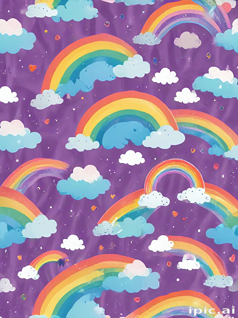Colorful Rainbows and Fluffy Clouds Against a Vibrant Purple Background