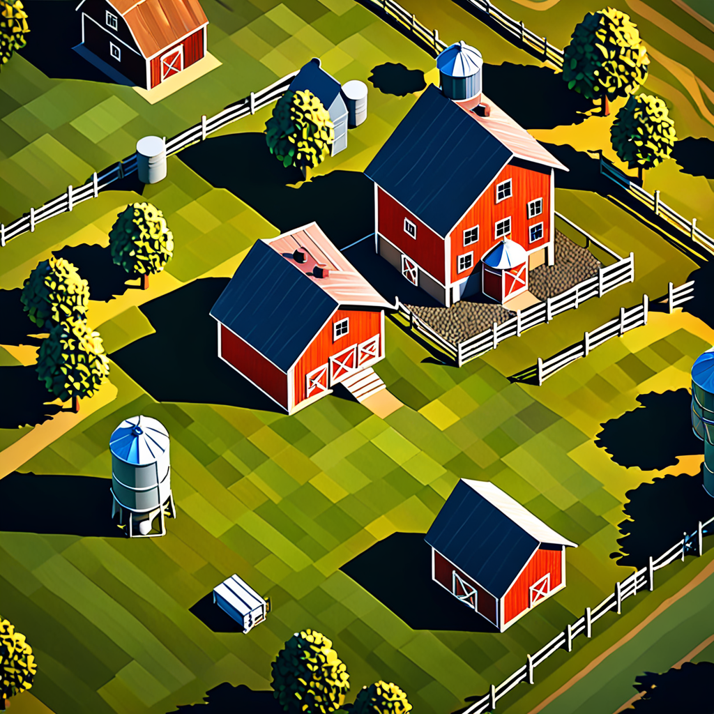 farm, birds eye view, barn, house, open area, silo, house, low poly, night
