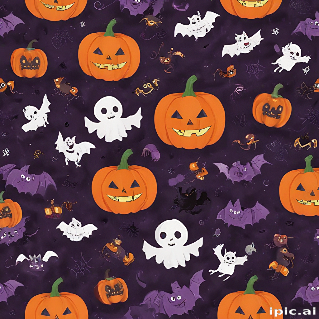 Playful Halloween Themed Pattern Featuring Pumpkins, Ghosts, and Bats Galore
