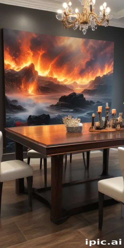 Elegant Dining Room Featuring Dramatic Fiery Landscape Artwork on Wall
