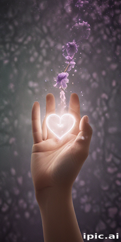 A Delicate Hand Holding a Glowing Heart Surrounded by Ethereal Blossoms
