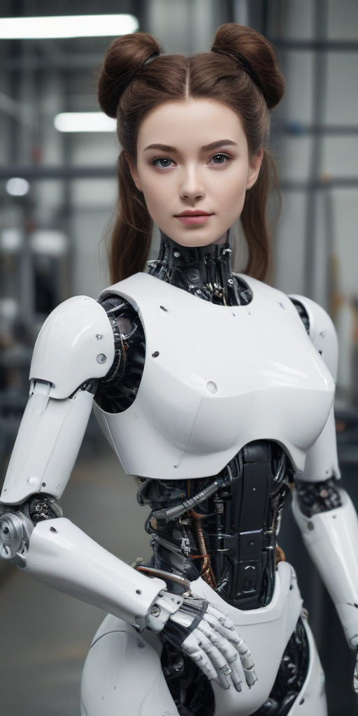 Girl robot construction in a robot factory. The robot has realistic ...
