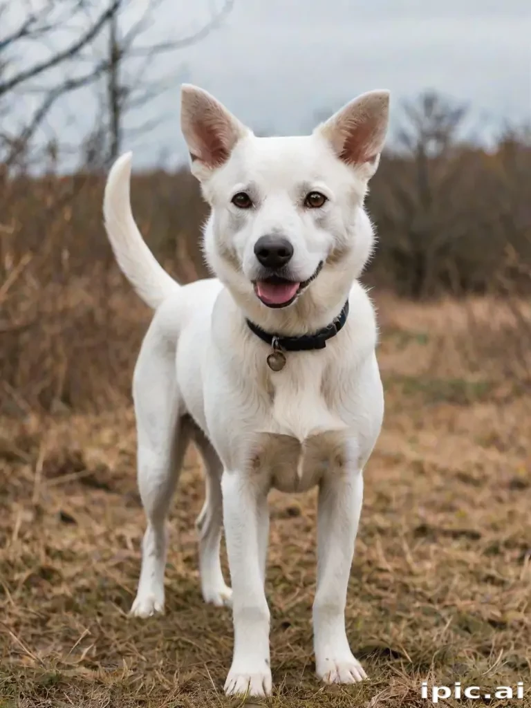 A Happy White Dog Standing Proudly in a Natural Outdoor Setting.