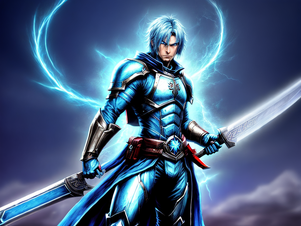 Templar, Anime, Man, full body, Blue Hair, Sword in right hand, Shield ...