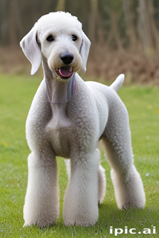 A Playful White Dog with Fluffy Fur Standing on Green Grass.