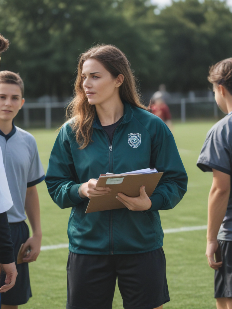 a female coaching football holding a clipboard motivating players ...