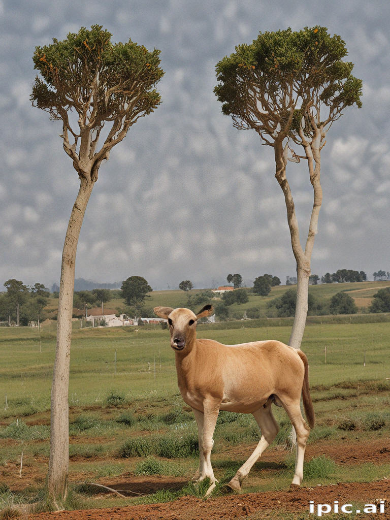 A Curious Cow Strolling Through a Scenic Landscape with Unique Trees.