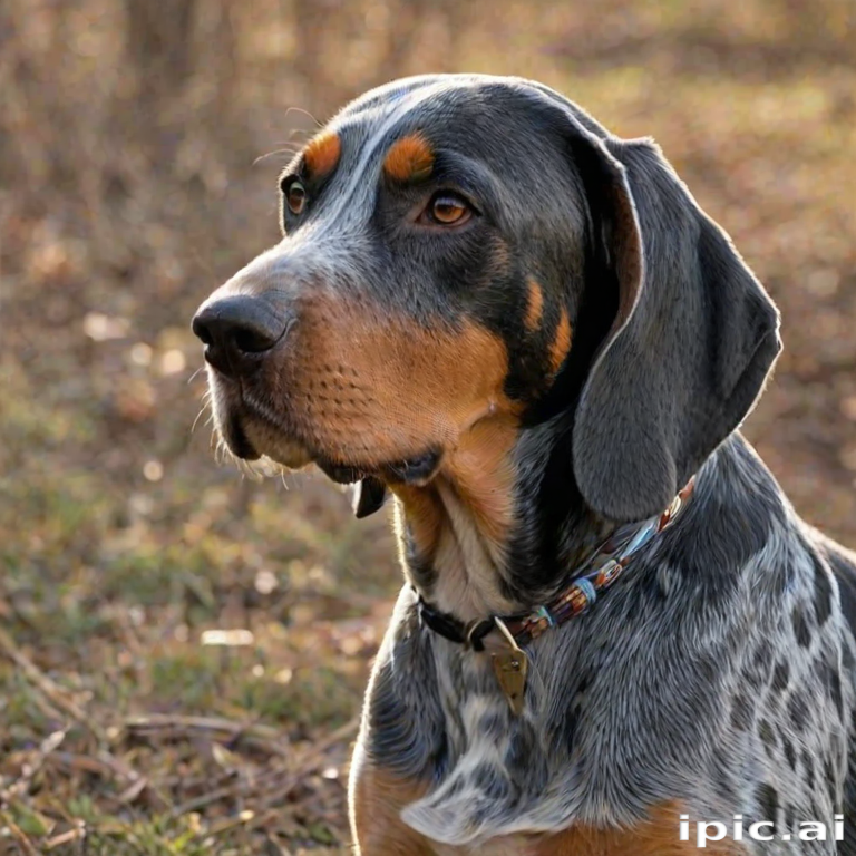 A Close-Up Portrait of a Beautiful Blue Tick Hound in Nature.