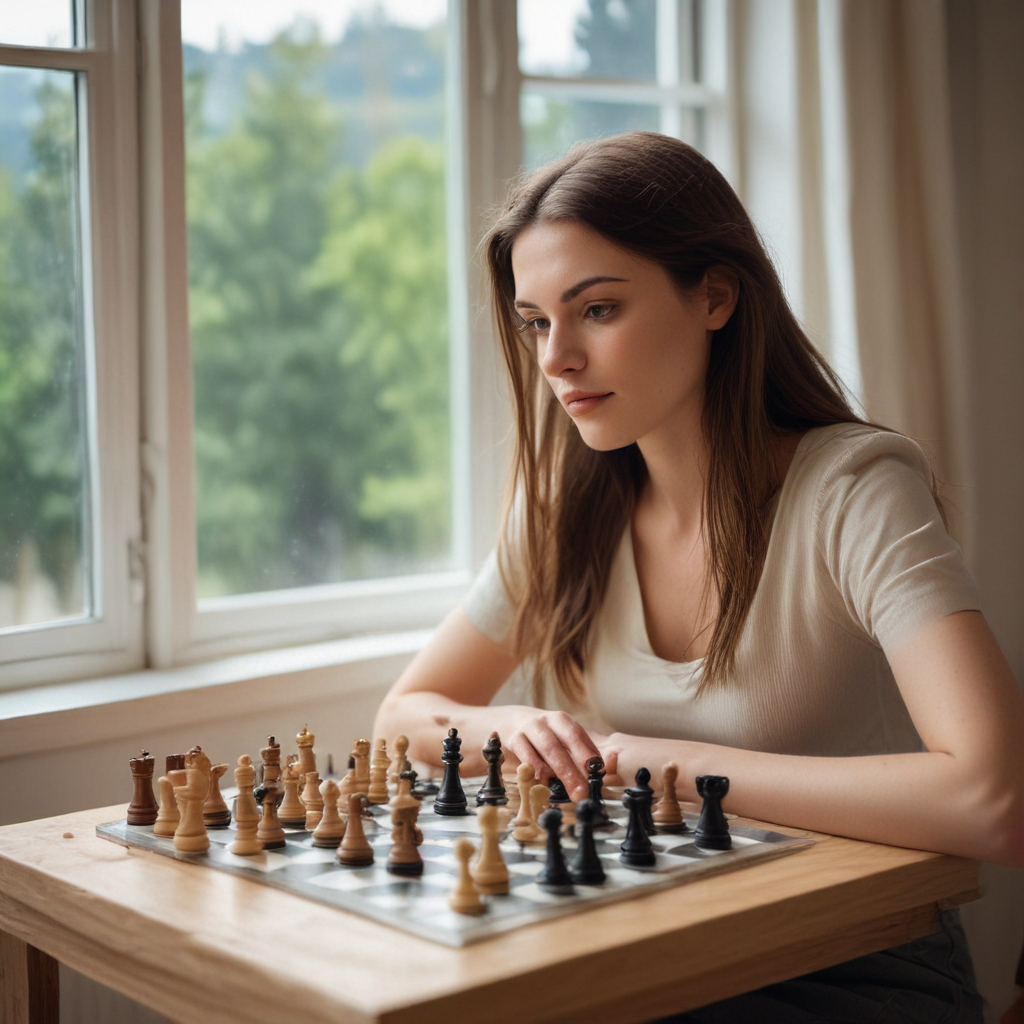 woman playing chess in front of a window