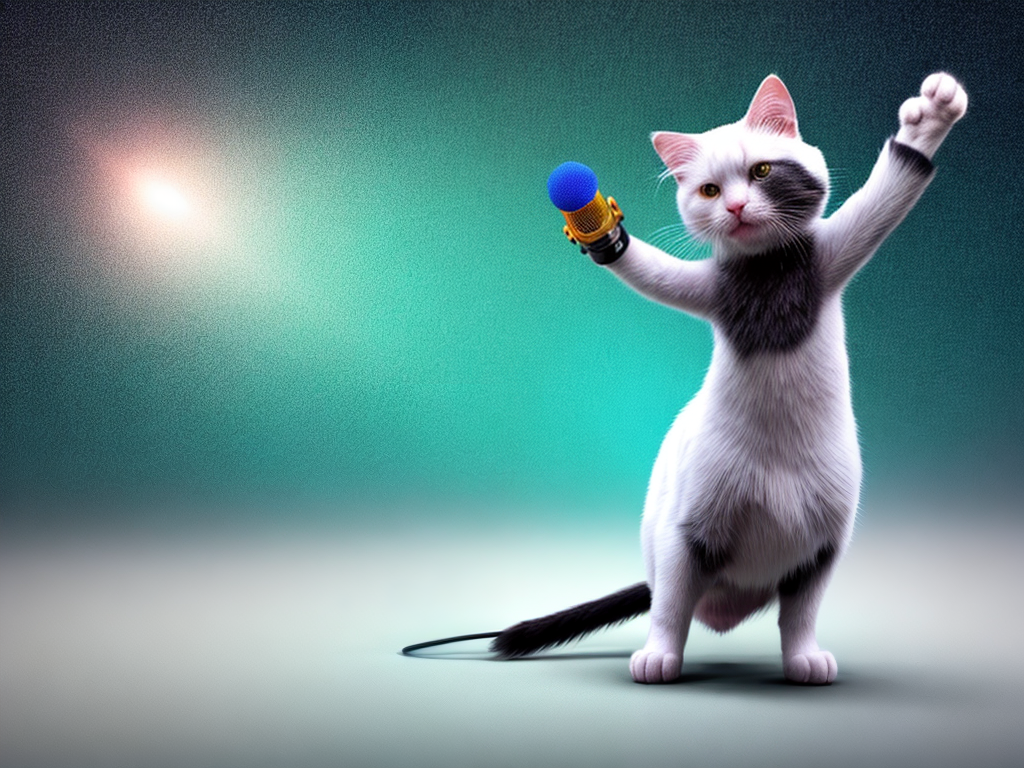 white cat in a shiny jacket singing into a microphone on a stage