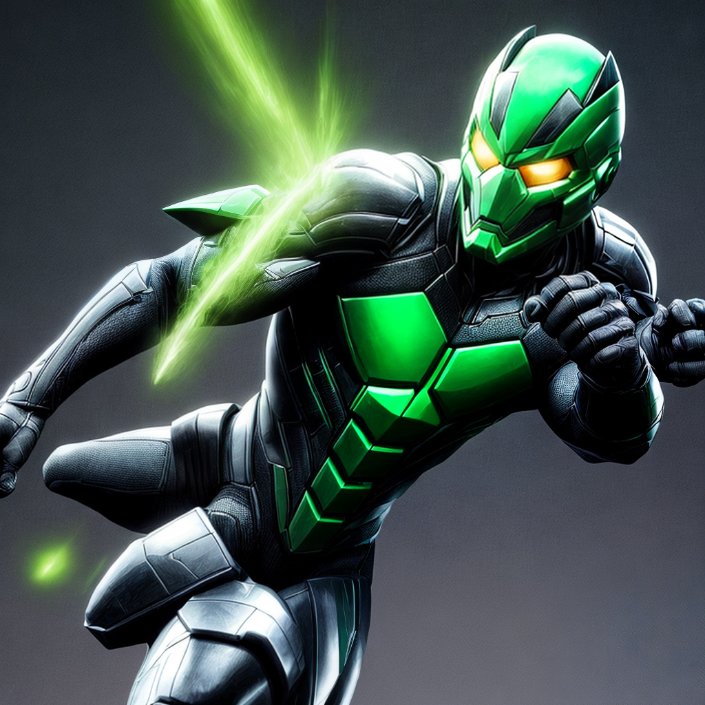 villain holding a green drink sizzling and he has a black armor suit