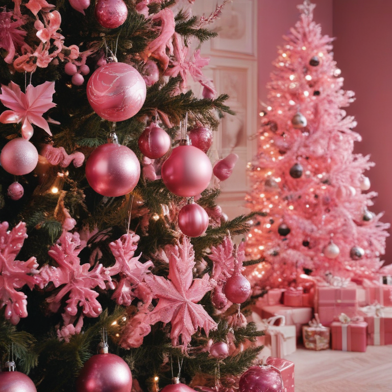 Charming Holiday Scene with Pink Christmas Trees and Festive Decorations