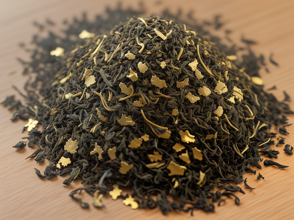 A Pile of Exotic Tea Leaves Infused with Delicate Golden Flakes
