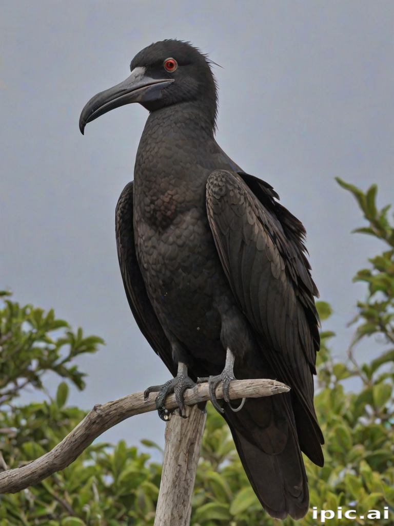 A Majestic Black Bird Perched Elegantly on a Branch Against a Gray Sky