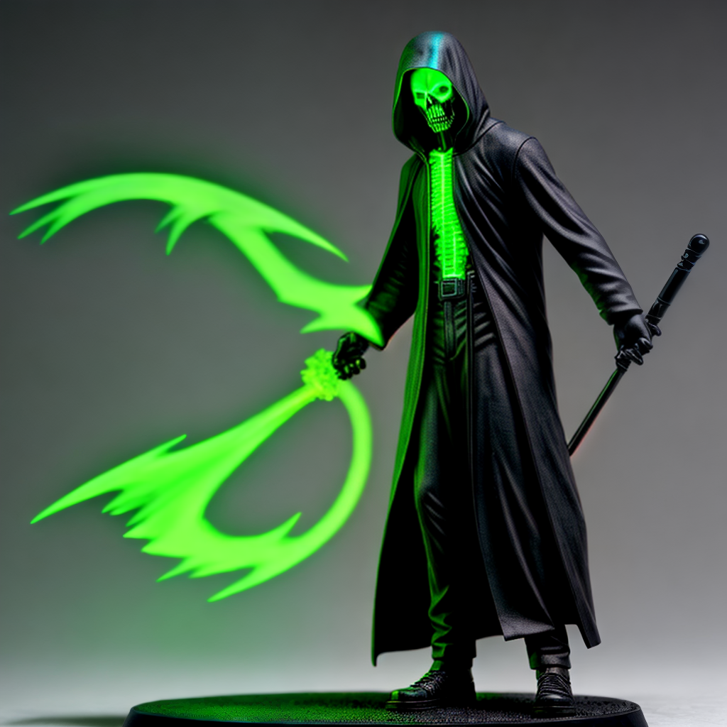 single figure of the grim reaper with green glowing eyes