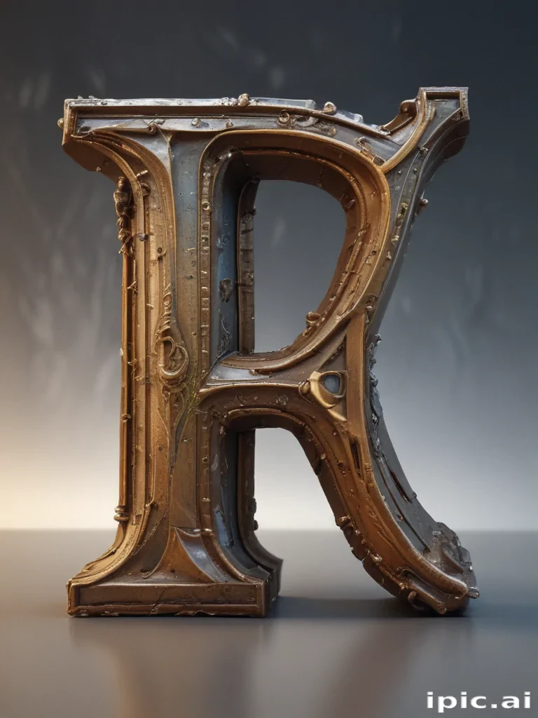 Intricately Designed Metallic Letter R with Decorative Elements and Texture