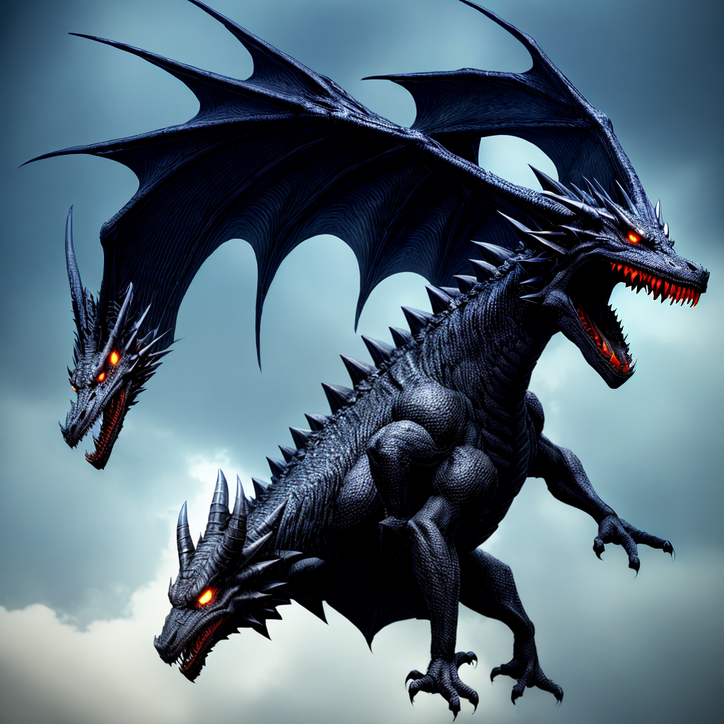 A dragon like entity with pitch black scales and a grim look on its face