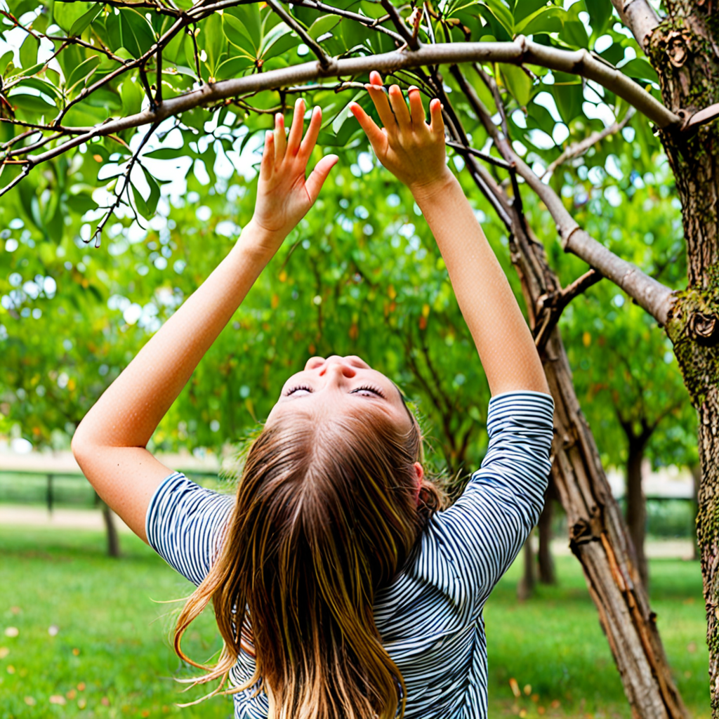 girl hanging by her hands from tree branch