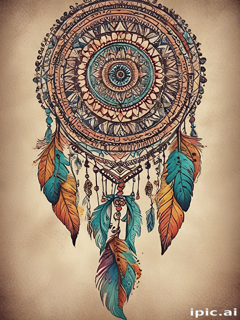 Intricate Dreamcatcher Design with Colorful Feathers and Circular Patterns
